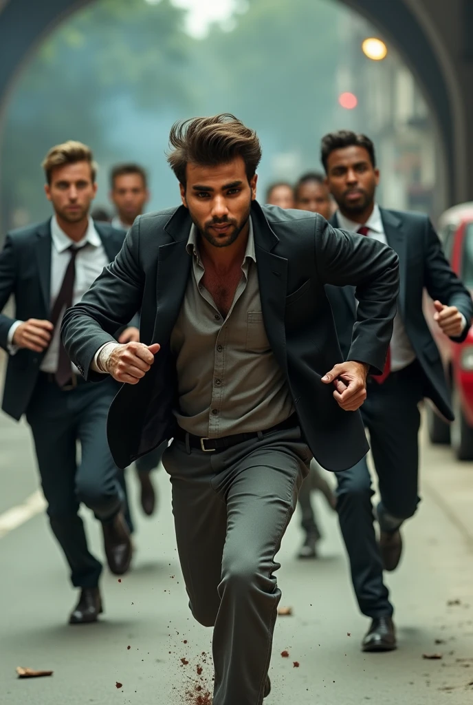 A tense, action-packed chase scene on a city street. A wounded man with a bloodi - SeaArt AI