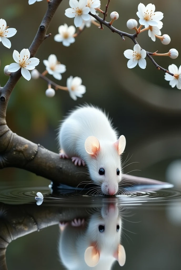 The image shows a small white mouse perched on a branch, drinking from ...