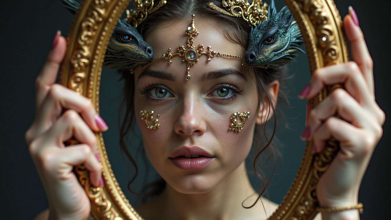 A woman holding a mirror that reflects an alternate reality: inside the ...