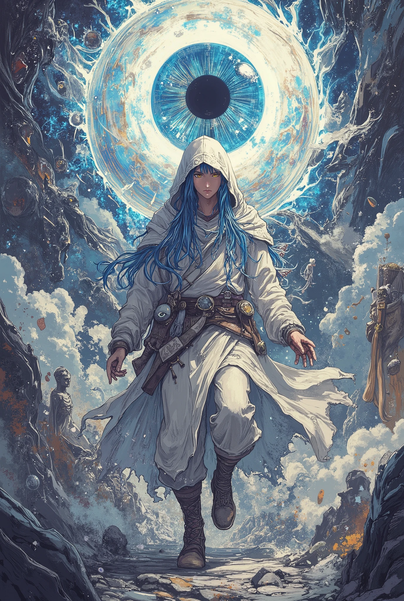 Anankos from fire emblem,very long blue hair,male white robe with big ...