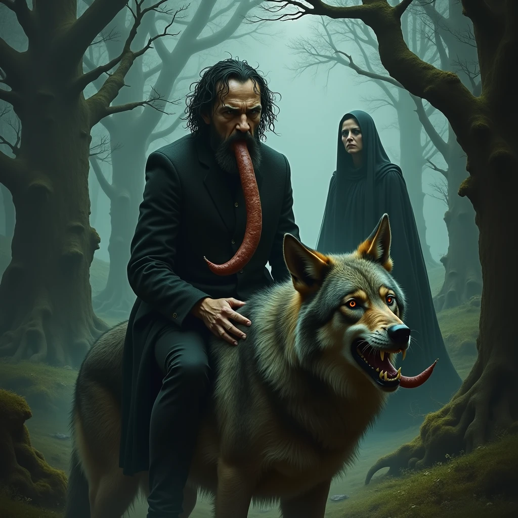 Chorizo in trachea possessed in a face riding a wolf with a magnificent ...