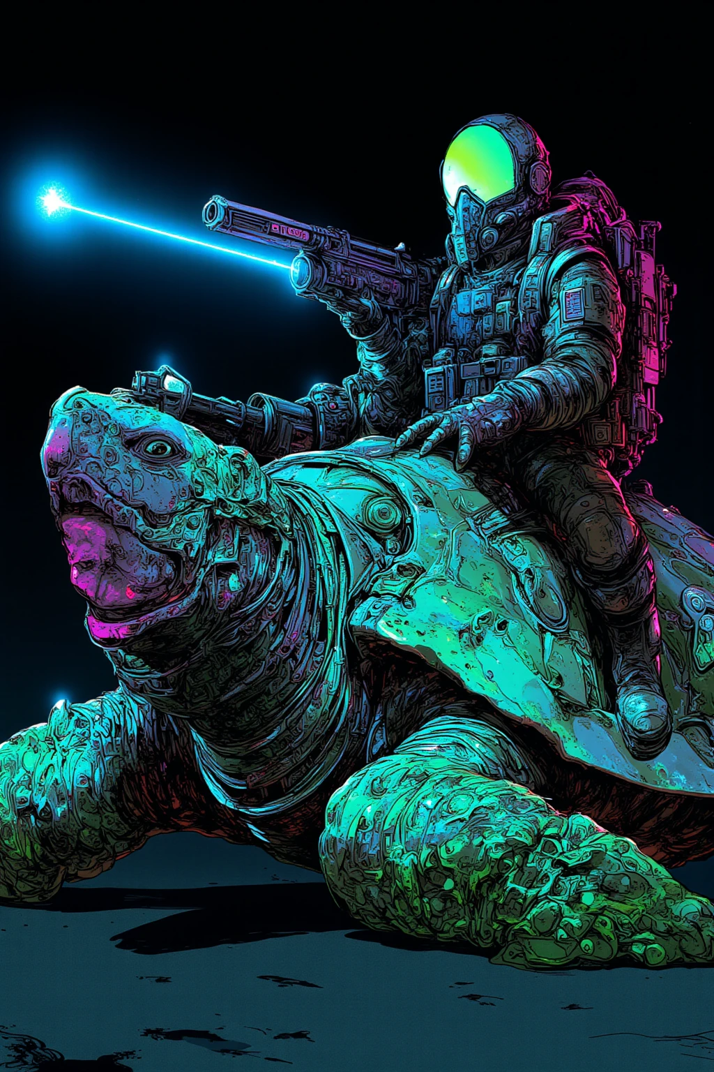 Striking and imaginative artwork,A large turtle is depicted in the ...