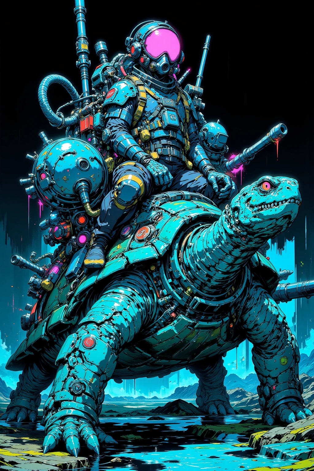 Striking and imaginative artwork,A large turtle is depicted in the ...