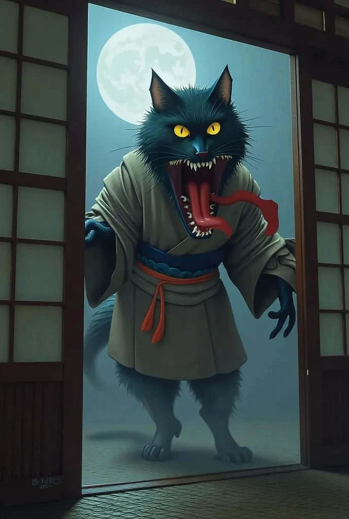 In a dark Japanese-style room、monster cat wearing a kimono that appears ...