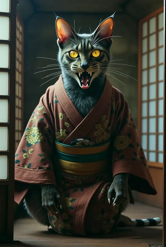 In a dark Japanese-style room、monster cat wearing a kimono that appears ...