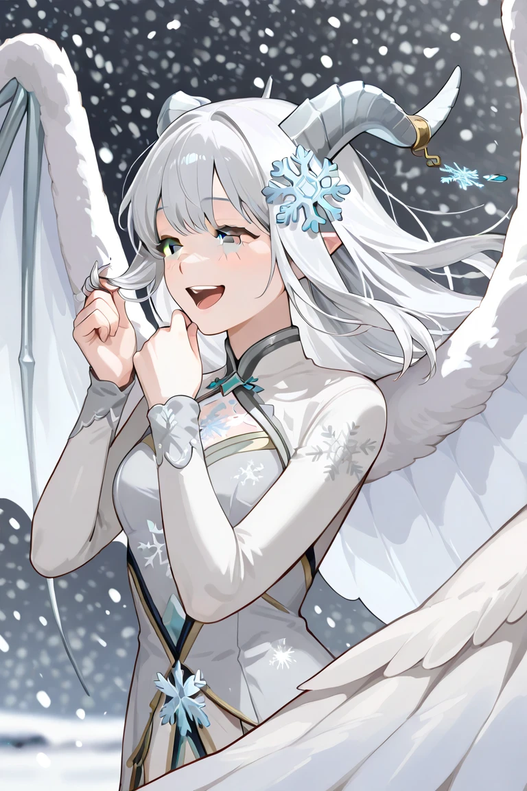 A celestial woman with white skin, white hair with light grey tips ...