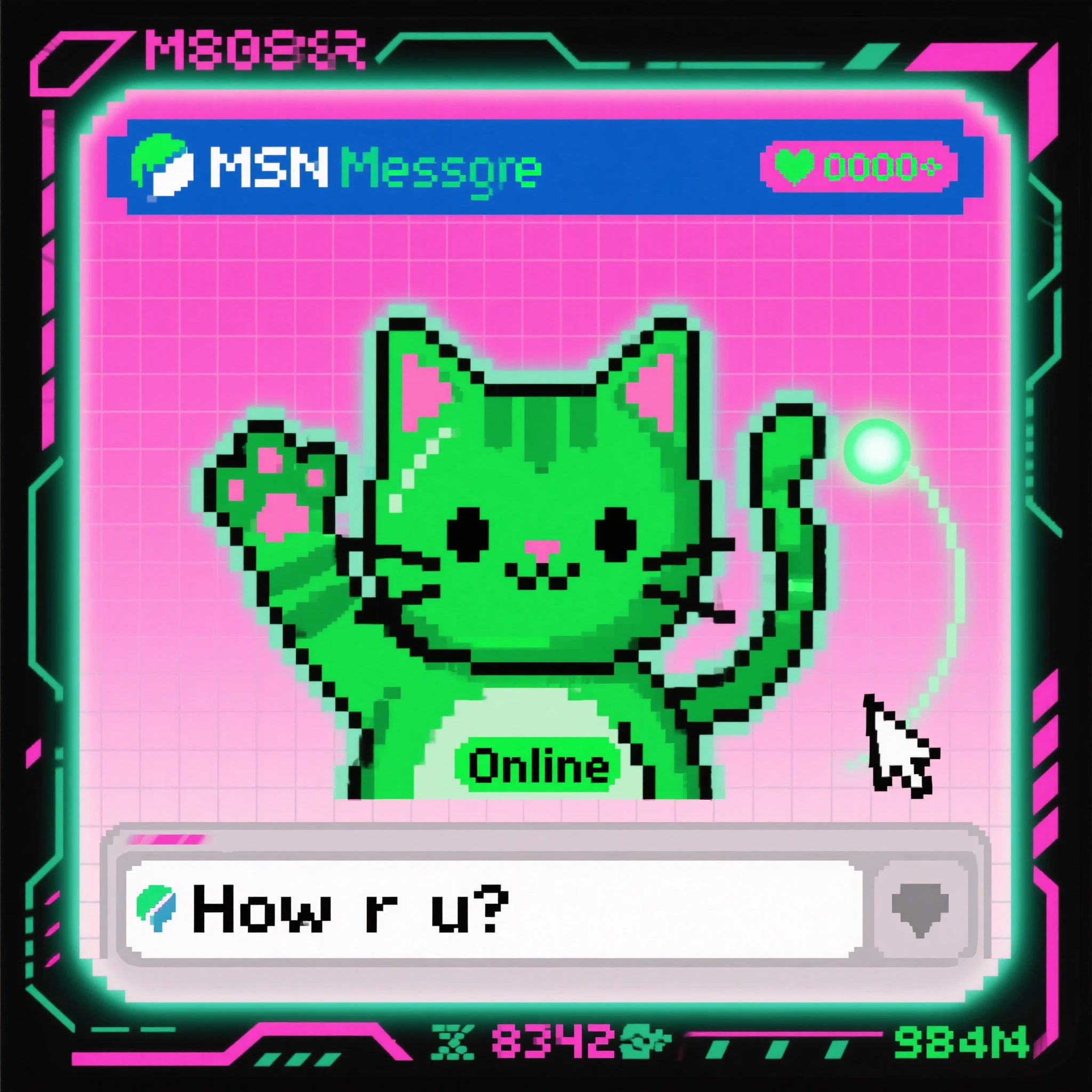 MSN Messenger animated avatar, pixelated cat waving paw, green - SeaArt AI