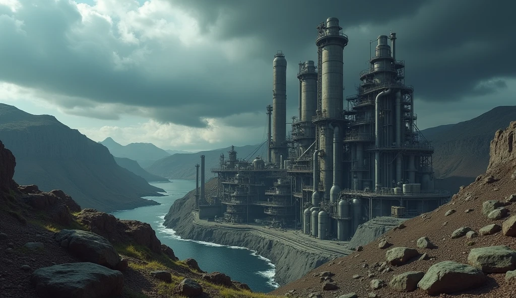 A massive, intricate mining facility for rare earths under a stormy sky ...