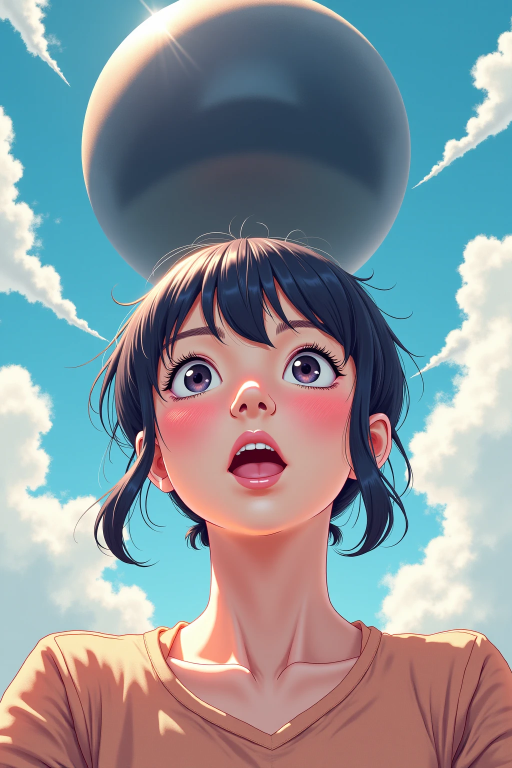 Anime woman with a huge , four times bigger than her head - SeaArt AI