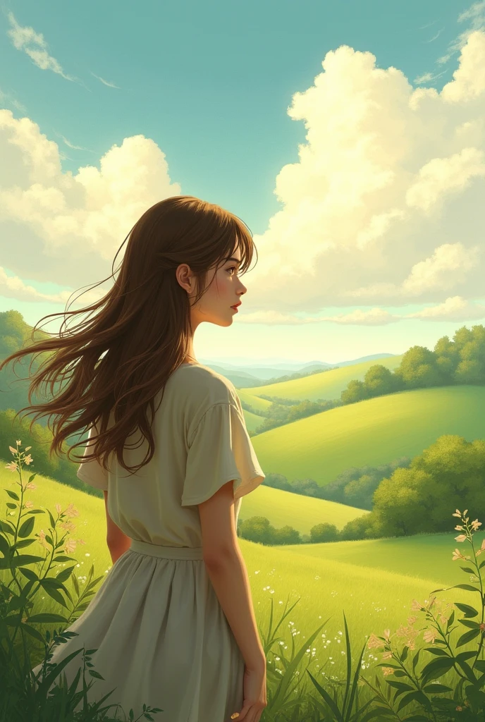 A girl facing her back in the field in a beautiful landscape let her ...