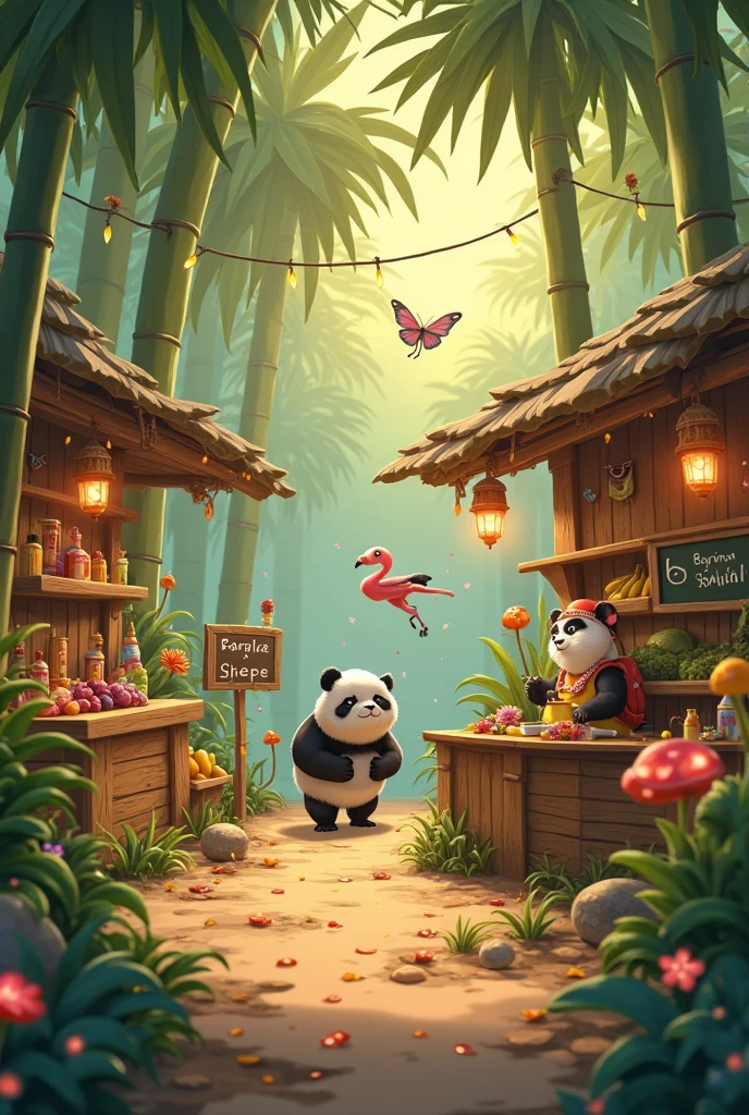Generate an animated video set in Bamboo Town, a whimsical forest ...