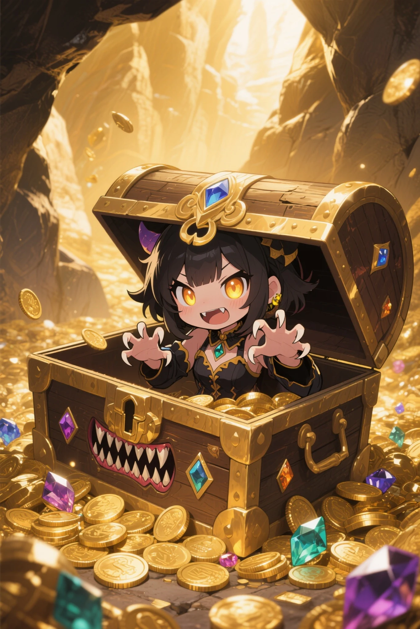 Anime style, fantasy setting, mimic girl monster, chibi monster girl ...