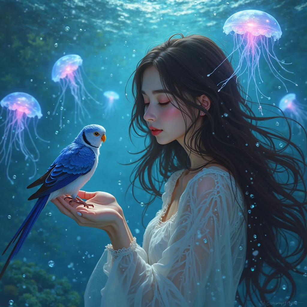 A woman with long dark brown hair with a small blue and white parakeet ...