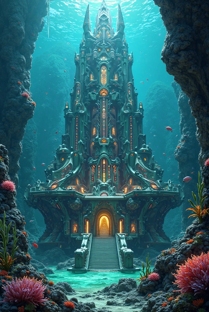 Future hightech weird aquaman castle full of colorful ruby jadeite ...