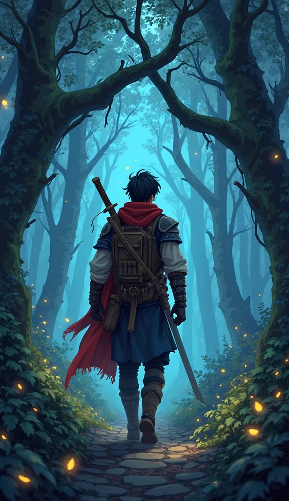 Kael walking alone through a dark enchanted forest, wearing travel ...