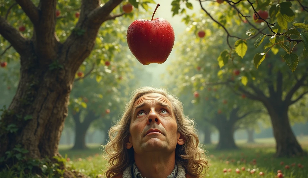 An apple frozen in mid-air above Newton's head, falling from the tree ...