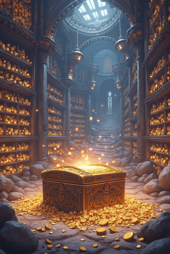 Anime, treasure box, treasure box in the dungeon full of gold coin and ...