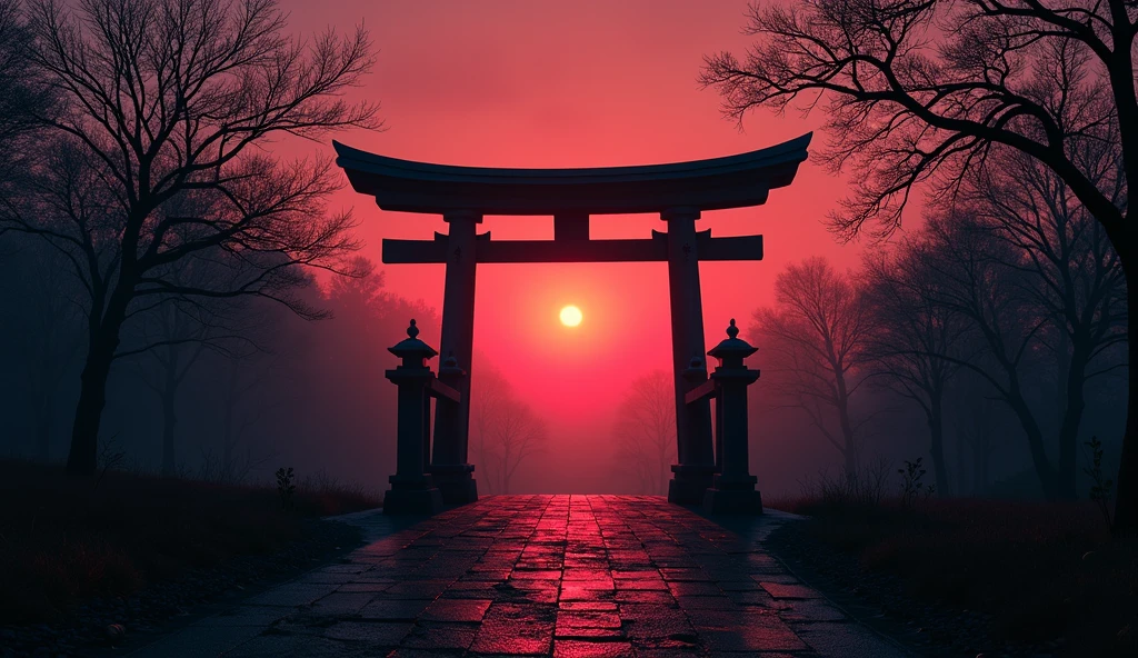 Dusk turning red, lonely Japanese shrine in empty evening, eerie ...