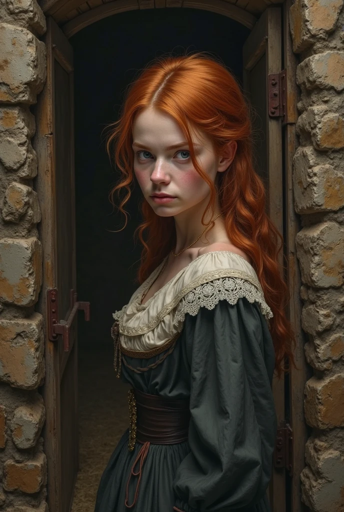Beautiful puritan age girl with red hair, in a colonial dungen - SeaArt AI
