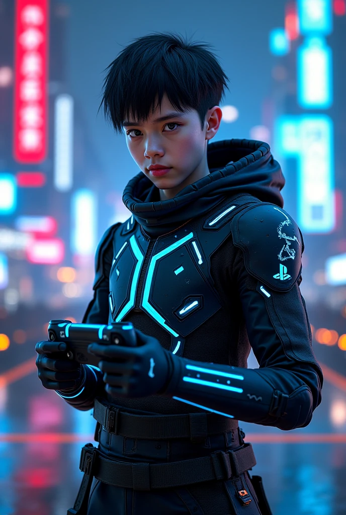 Samurai cyber ninja (Boy) holding a ps5 controler - SeaArt AI