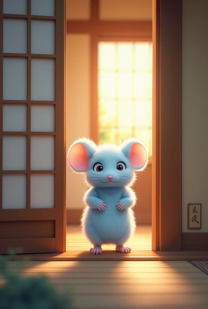 Fantastic real Japanese house cute fluffy light blue mouse standing at ...