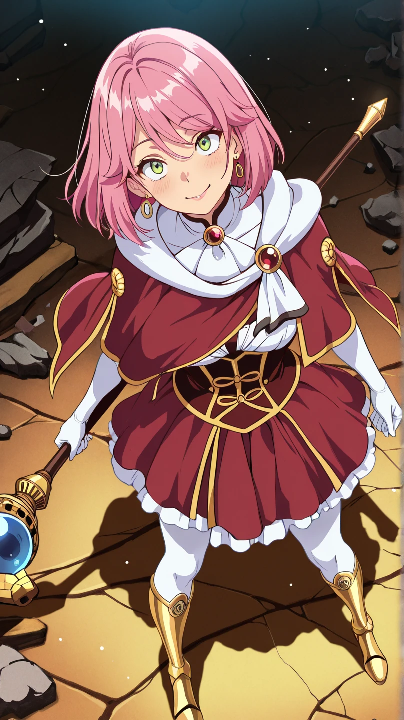 A girl, alone, Flare, with long, loose pink hair, slightly tousled ...