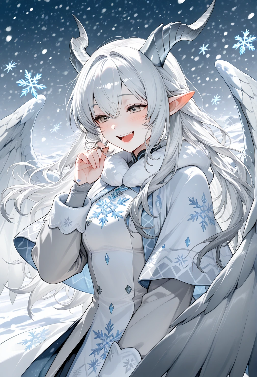 A celestial woman with white skin, white hair with light grey tips ...