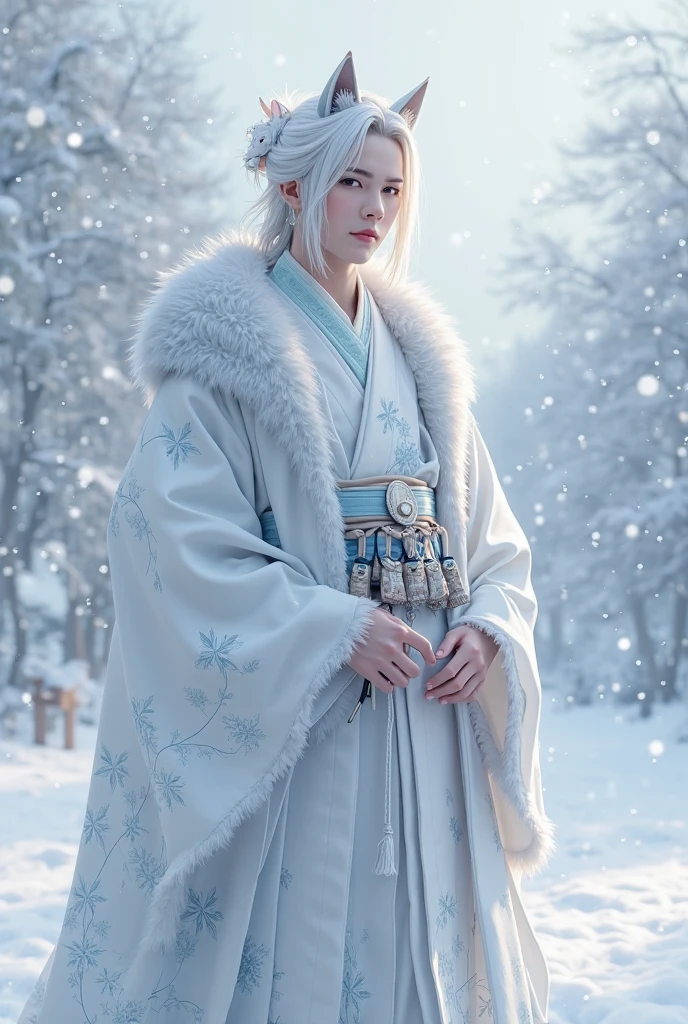 Shiro wears a white kimono with pale blue snowflake patterns and a ...