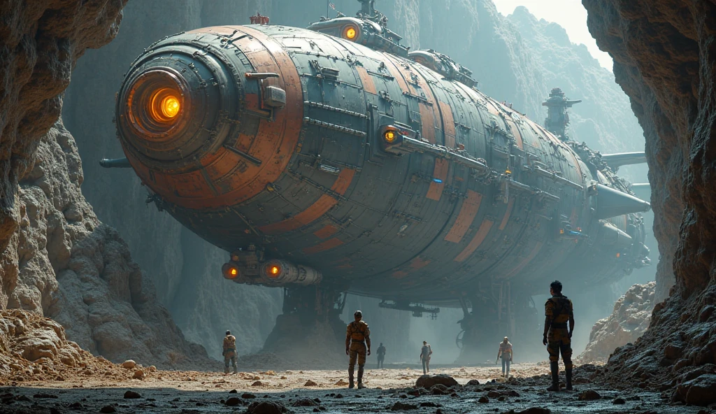 "Inside a massive, dimly lit underground hangar carved into asteroid ...