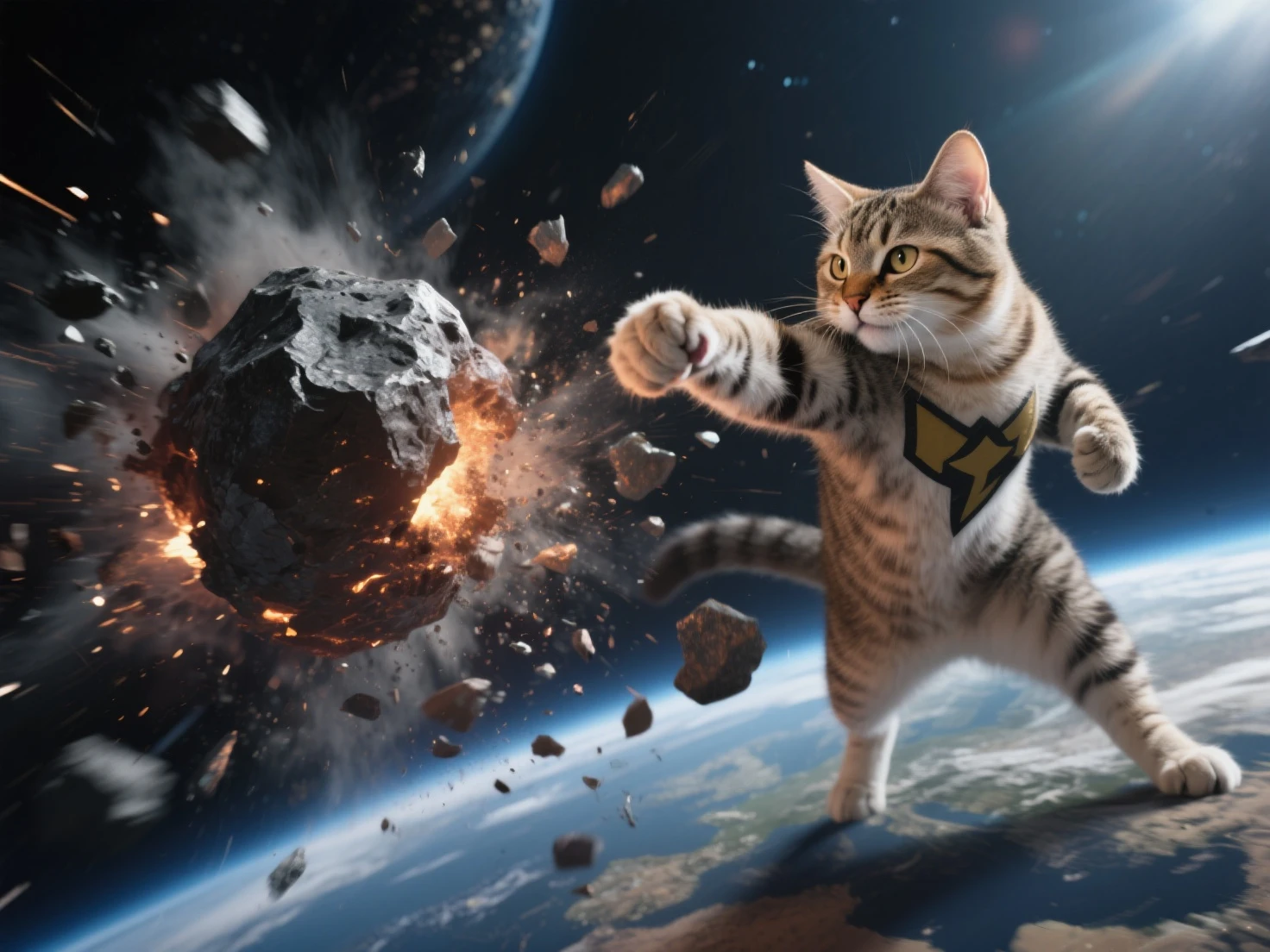 Cat smashing falling meteorite to earth with cat punch, outer space ...