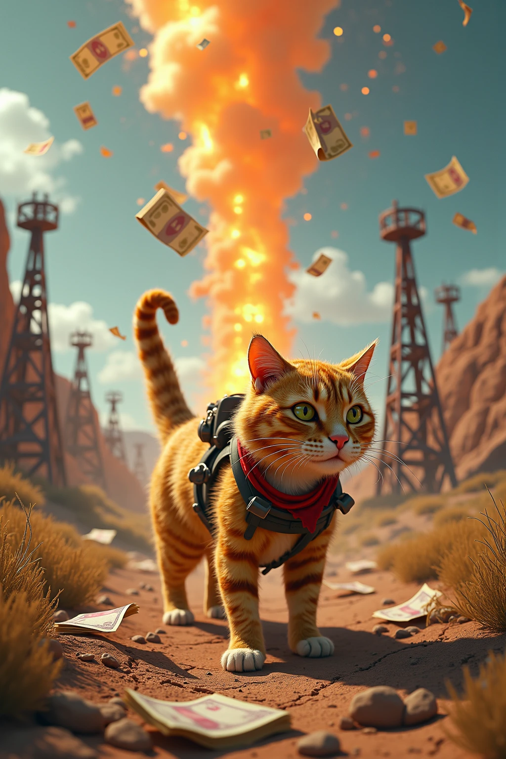 Cat Digging an Oil Field、Oil Erupts Out of an Oil Field、Scattering ...