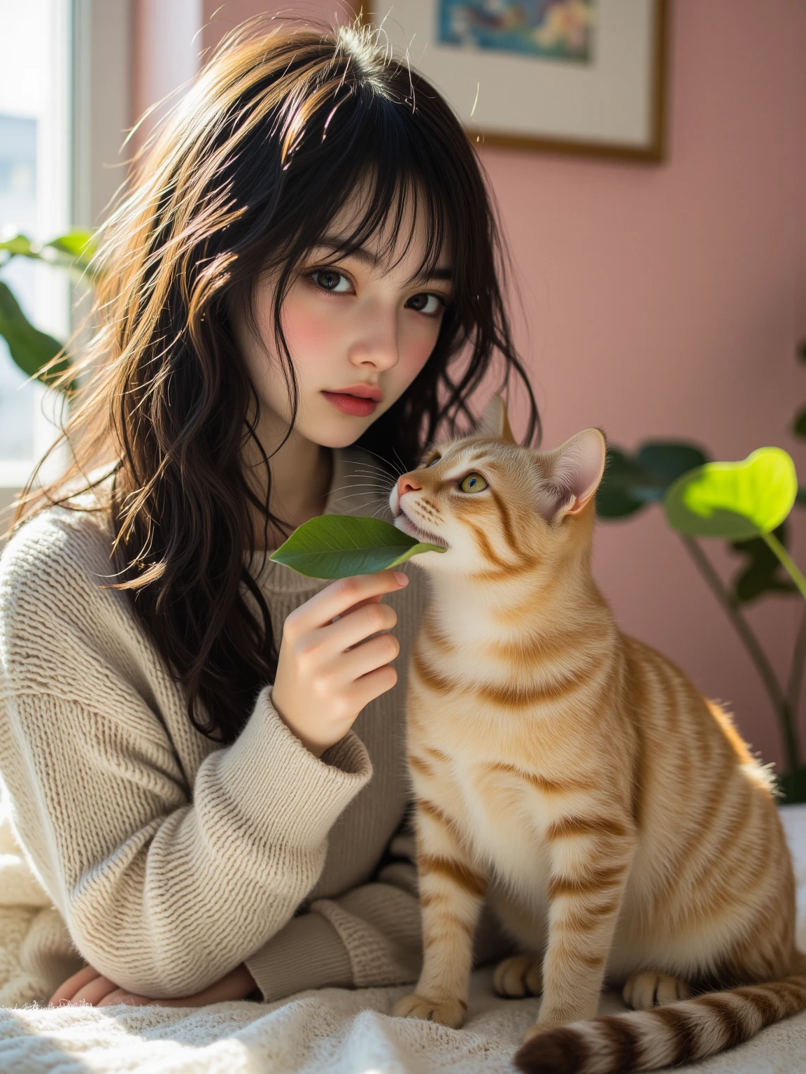 A beautiful young woman with long dark brown hair, sitting in a cozy ...