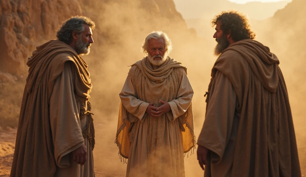 "Three biblical old men stand before a broken man covered in ashes ...