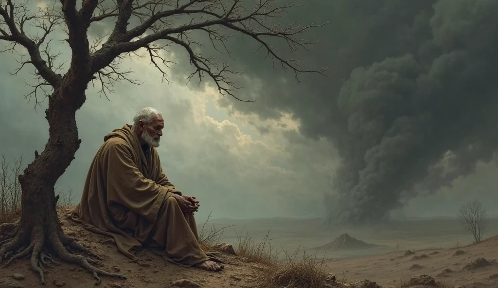 The biblical old man Job sits alone under a dying tree, his skin ...