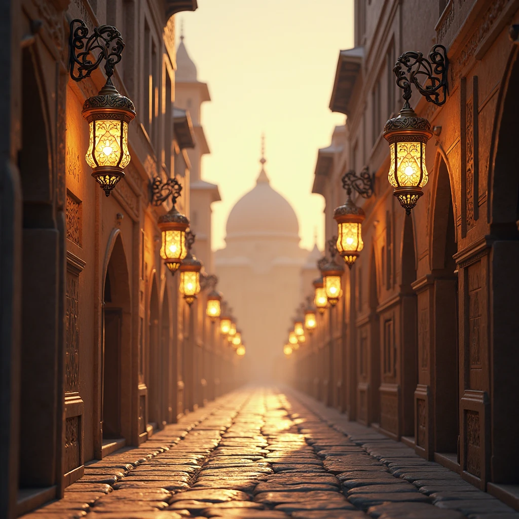 A beautiful alley of lamps leading to the mosque - SeaArt AI