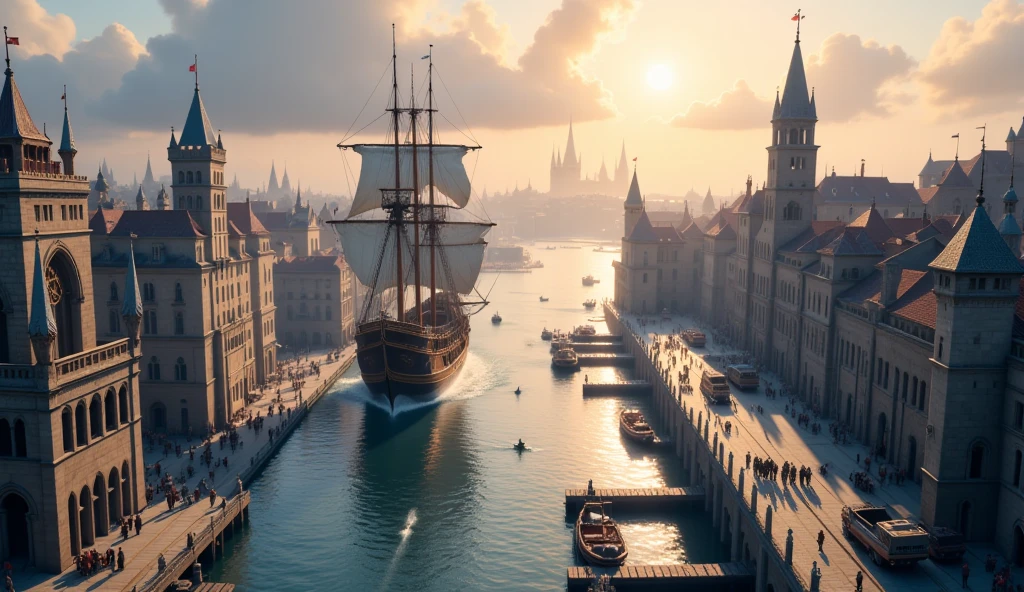 "A large medieval ship sails into a vast harbor at dawn, its sails ...