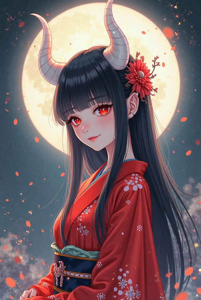Demon Girl.Red Kimono.1 person.smile.watercolor tone.White horn - SeaArt AI