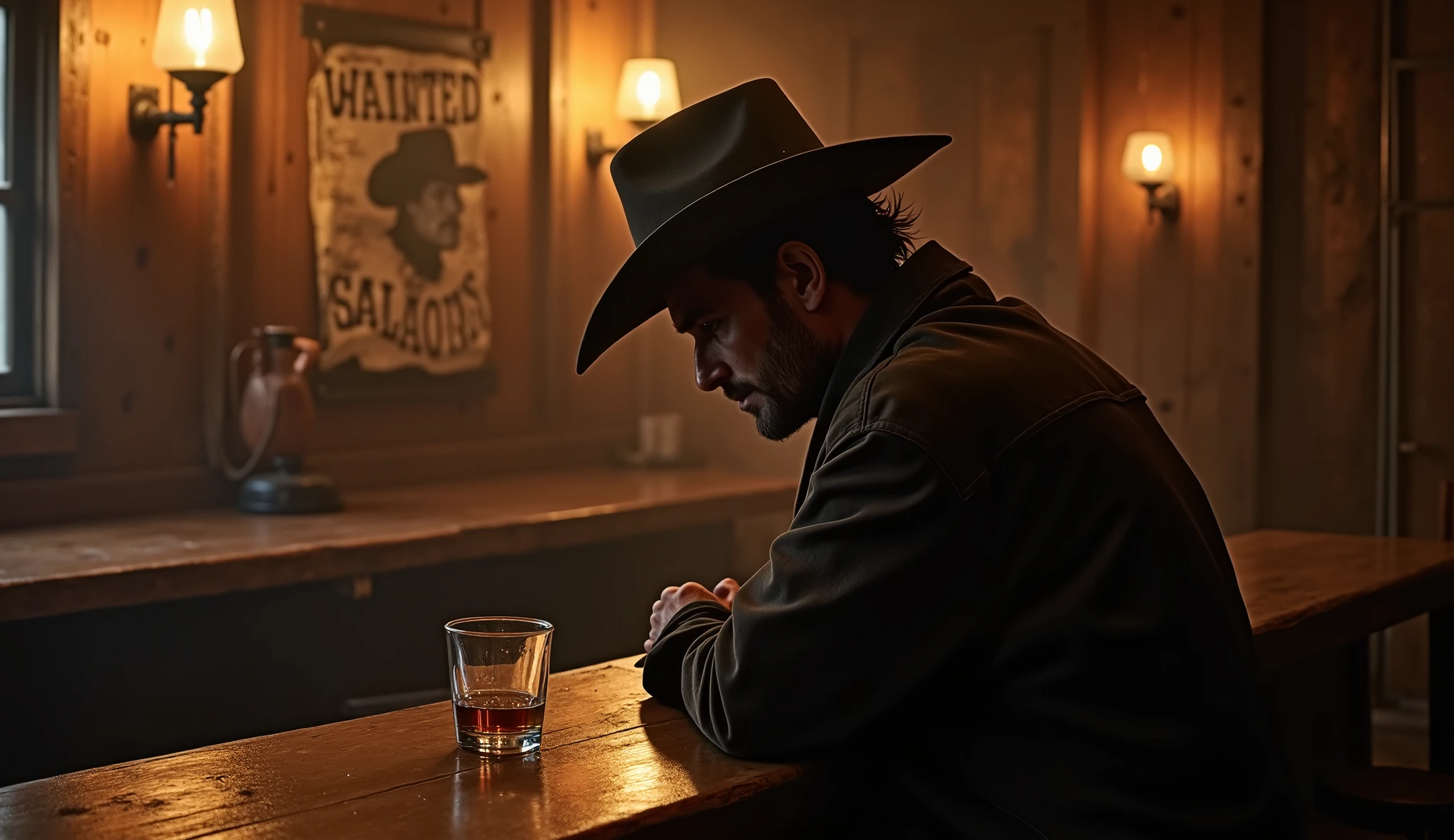 "An ultra-realistic, cinematic scene inside a dimly lit, old western ...