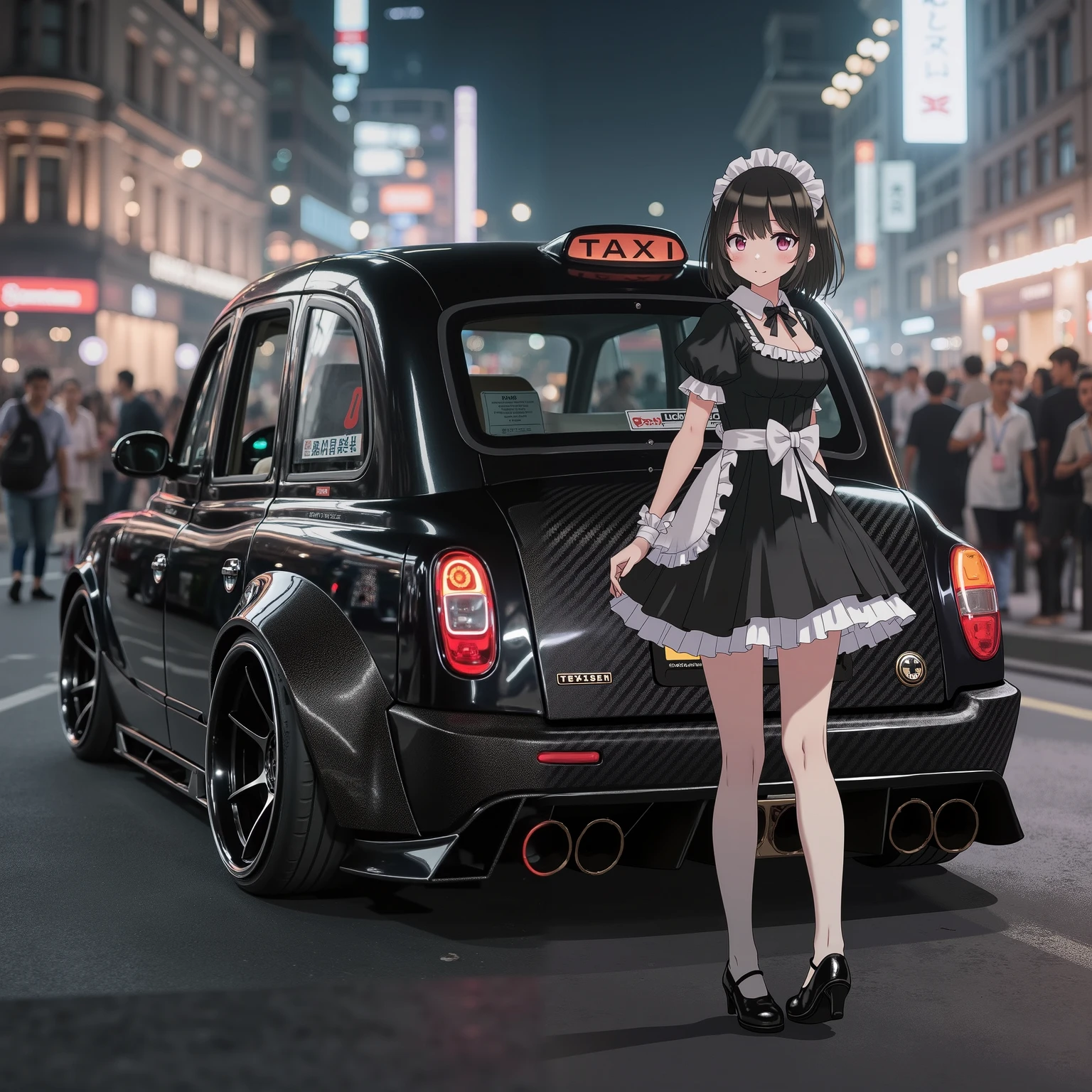 Tune up a heavily modified black matte classic London taxi，It has wide ...