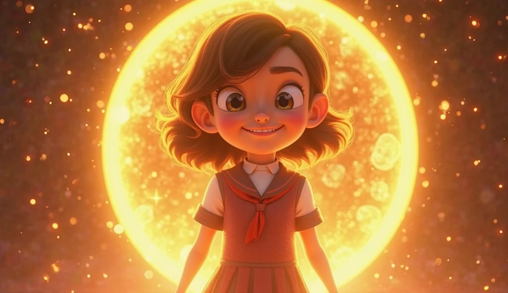 Pixar final hero shot, with bright confident smile, girl wearing a ...