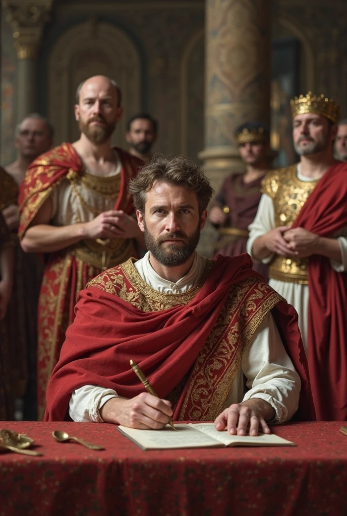 Constantine signing the Edict of Milan in his palace, Roman guards in ...