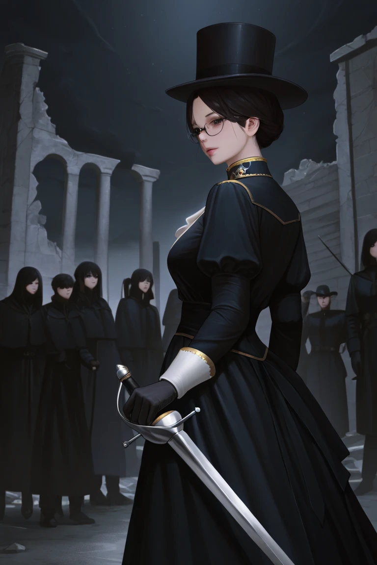 Realistic anime style、a woman dressed as a Victorian noblewoman holds a ...