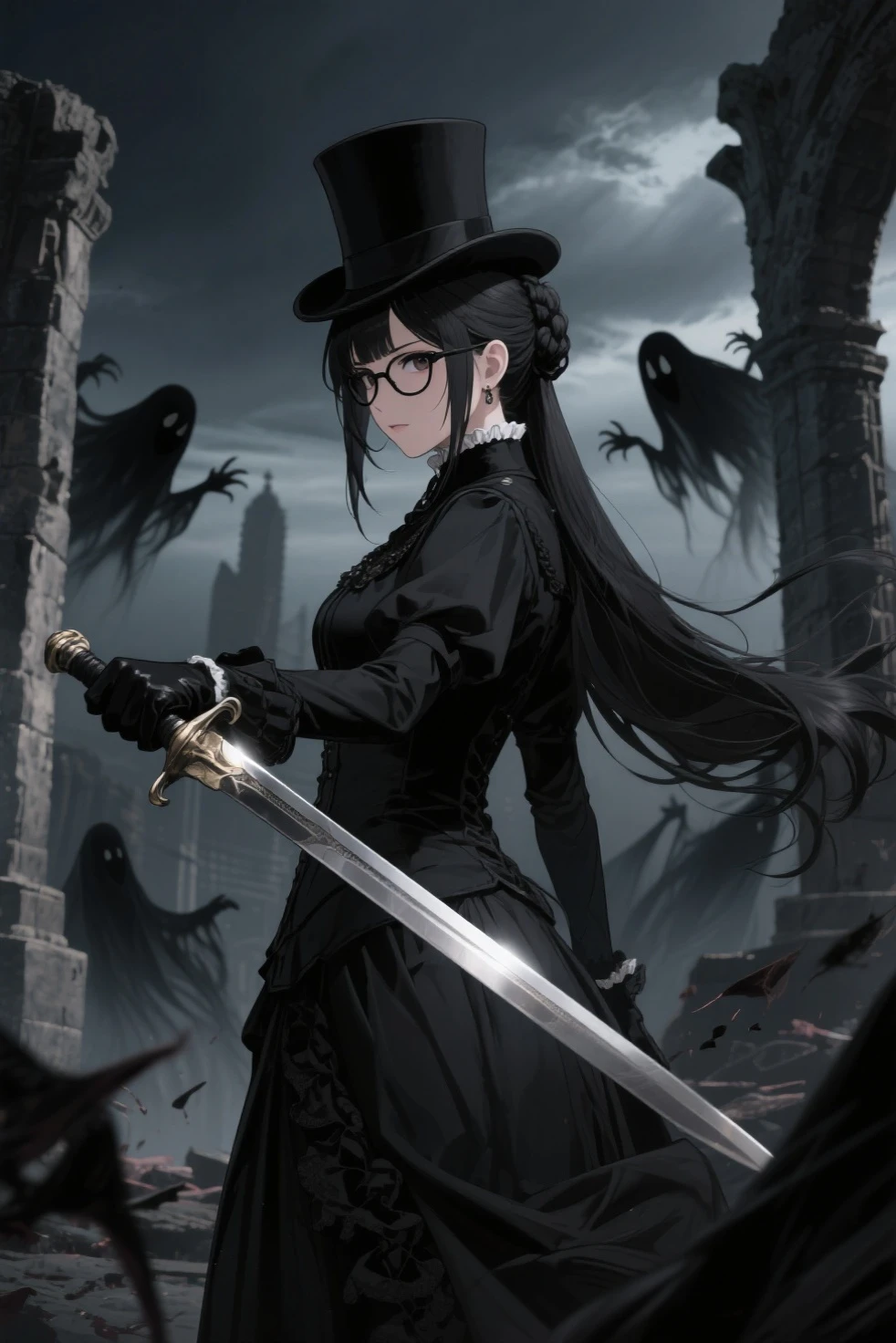 Realistic anime style、A woman dressed as a Victorian lady holds a ...