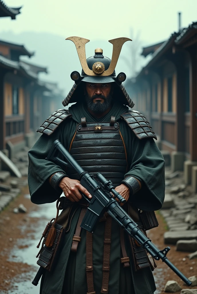 A samurai with ugly clothes and a machine gun in his hands, ao fundo ...