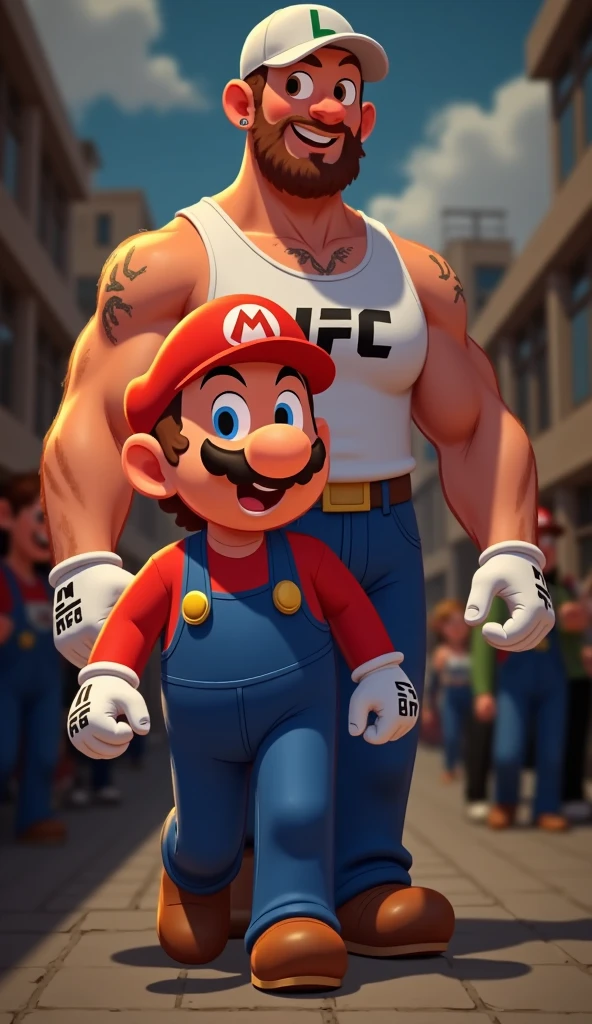 Make the image of Mário from Super Mario Bros. wearing a blue suit and ...
