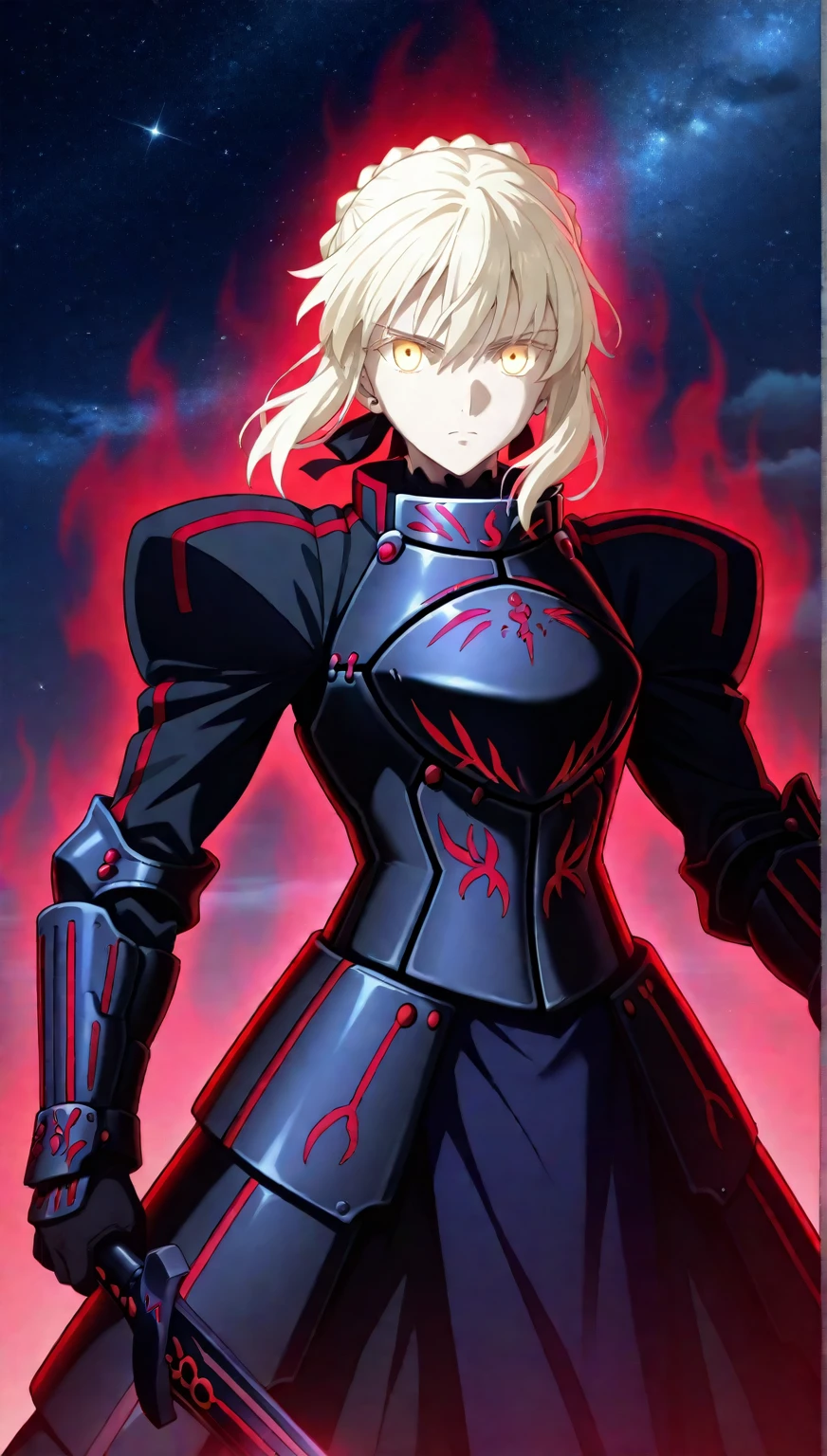 Artoria Pendragon alter, glowing eyes, with armor, starry sky - SeaArt AI