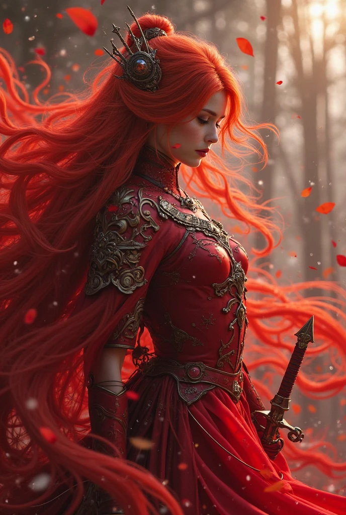Close to a woman in a red dress and a sword, a red-haired queen in ...