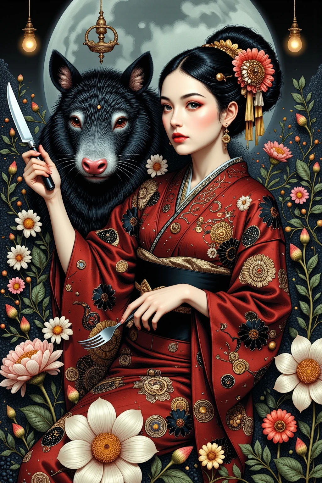 A girl in a red and black patterned kimono、has a dream eating tapir on ...