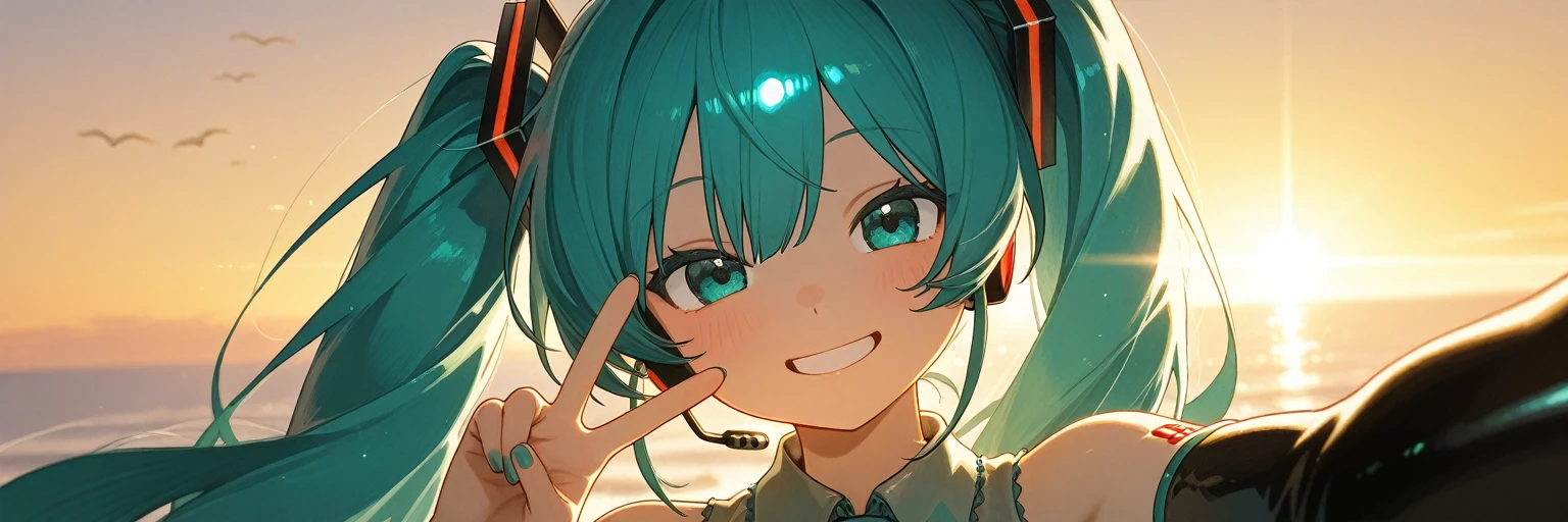 Hatsune Miku、Making a peace sign in front of your face、selfie - SeaArt AI