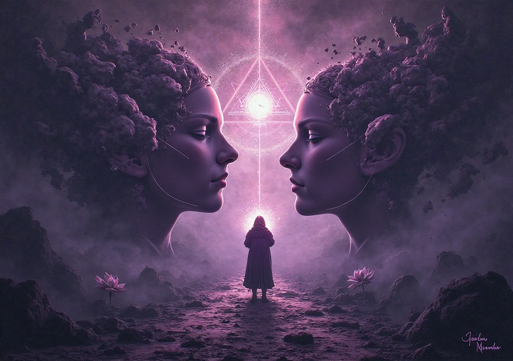 A mystical, surreal digital painting in dark purple and black tones ...